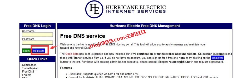 老牌免费DNS解析HE.NET账号注册及接入域名解析完整教程 - 主机玖玖